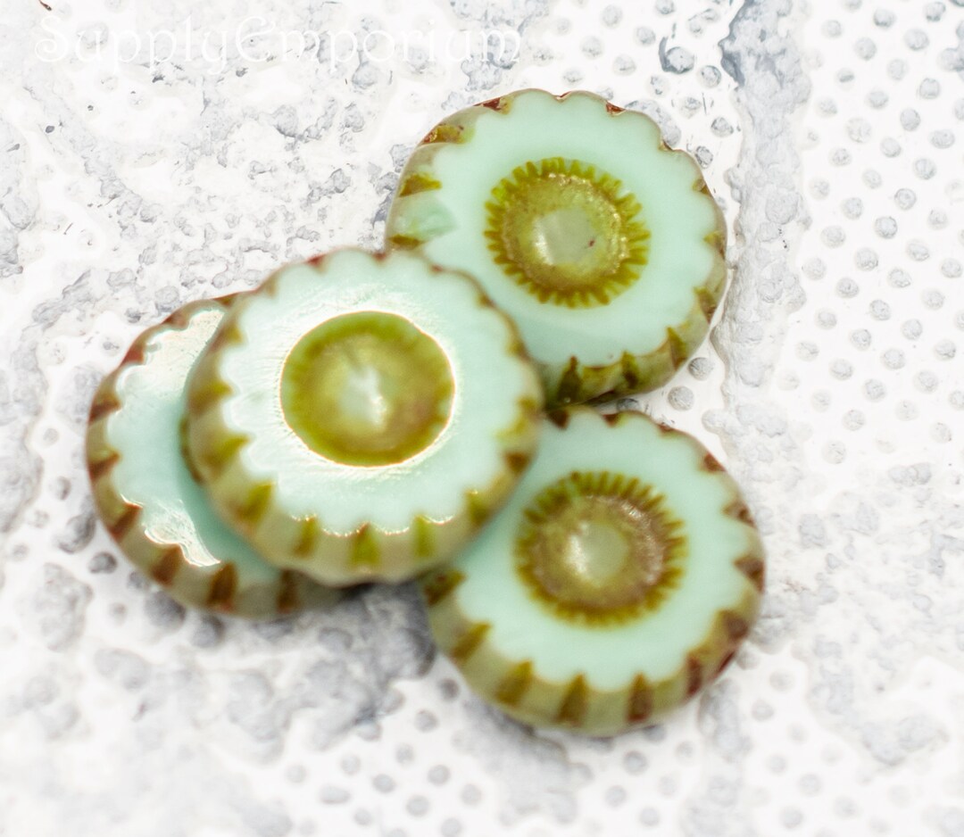 870S3 4 Czech Glass 12mm Mint Green Picasso Carved Daisy - Etsy