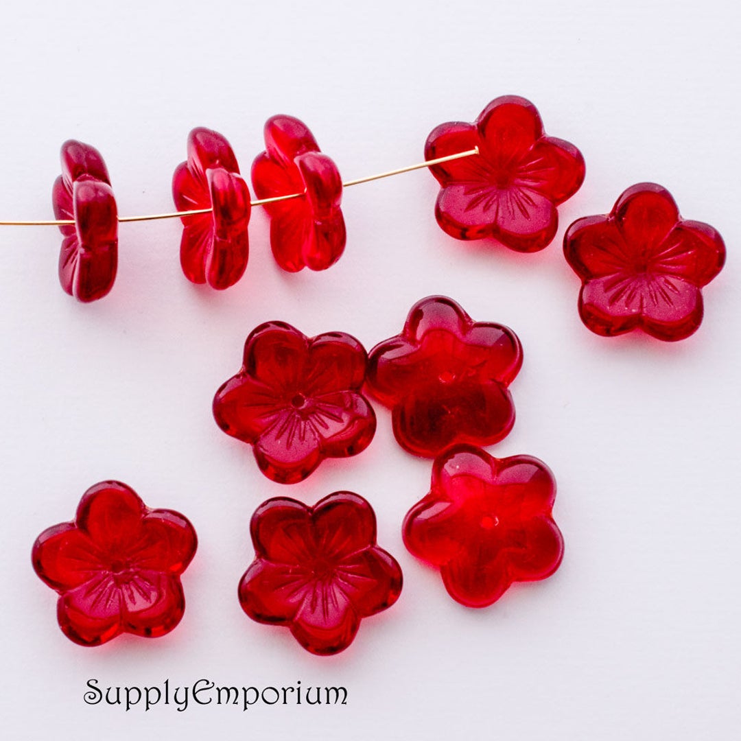 Pinwheel Flower, Flat Flower Bead, Siam Ruby Czech Glass Button Flower ...