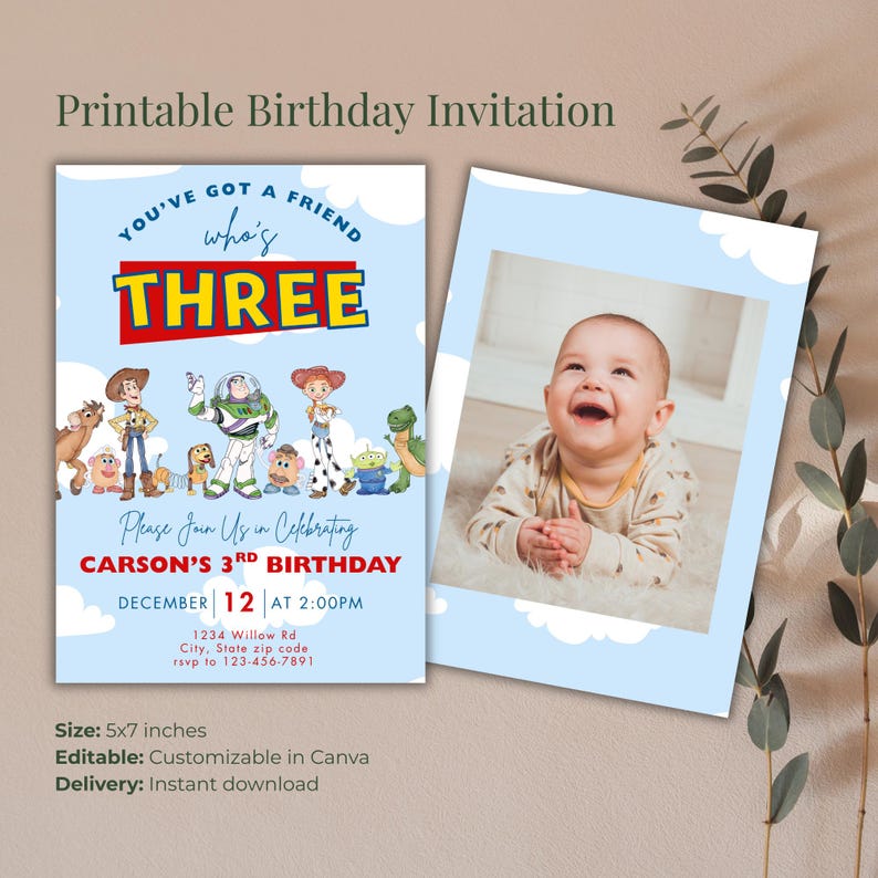You've Got a Friend Who's Three Birthday Invitation | Editable Canva ...