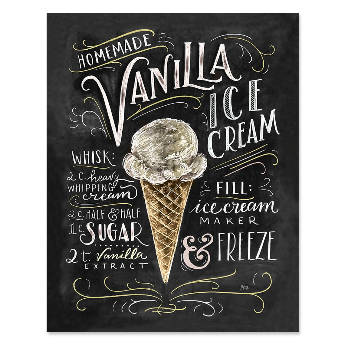 Vanilla Ice Cream Recipe Print Summer Art Decor Ice | Etsy