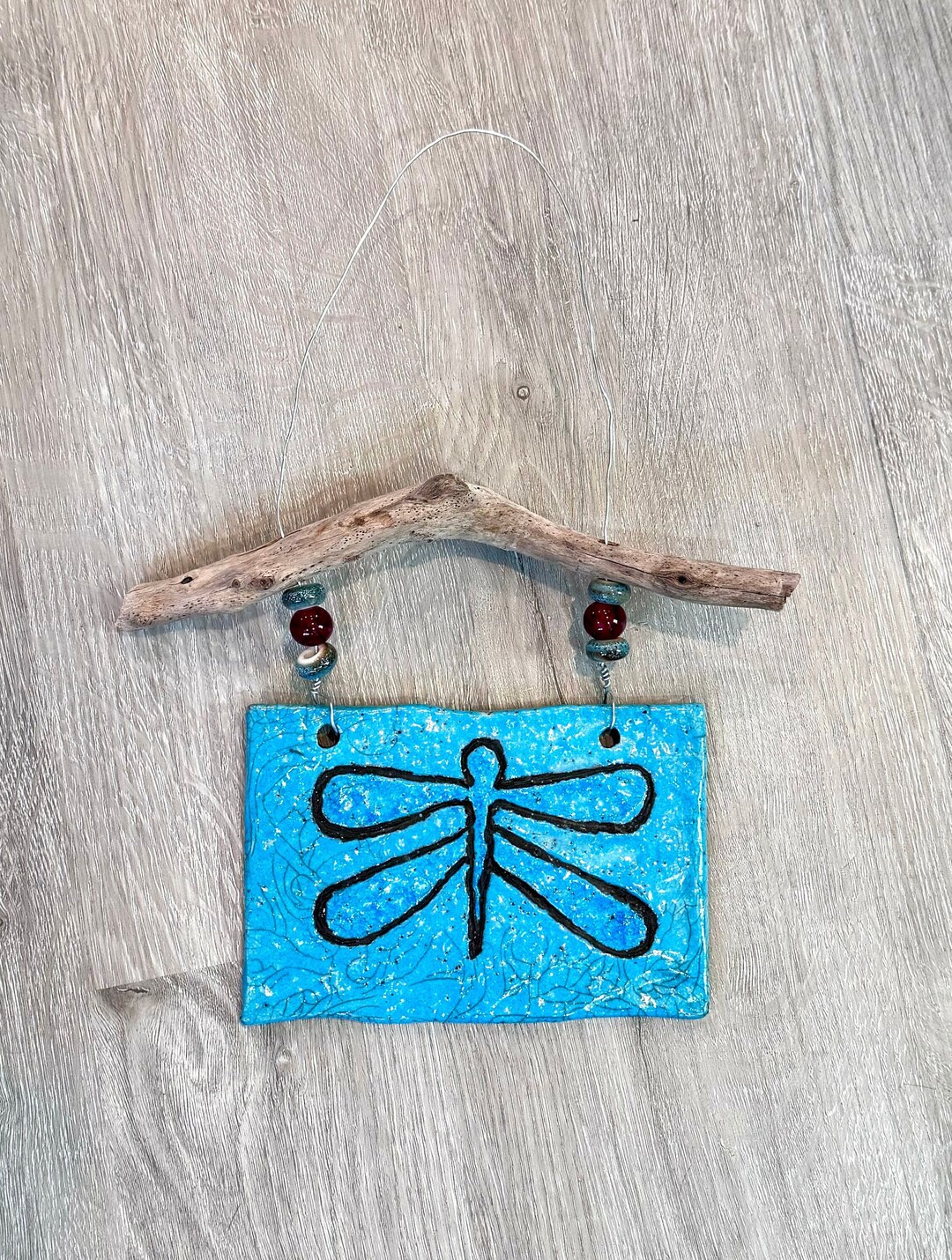 Raku Pottery Wall Tile, Dragonfly, Driftwood, Beads, Wire, Handmade - Etsy