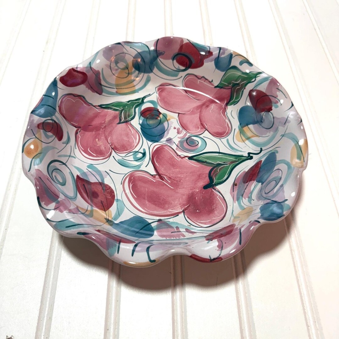 Jan Pugh Hand Painted Pie Dish Signed Studio Pottery 9.5 Inch Floral ...