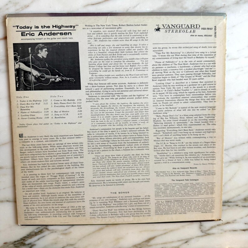 Eric Andersen Today is the Highway Vintage Folk LP Vanguard Stereo - Etsy