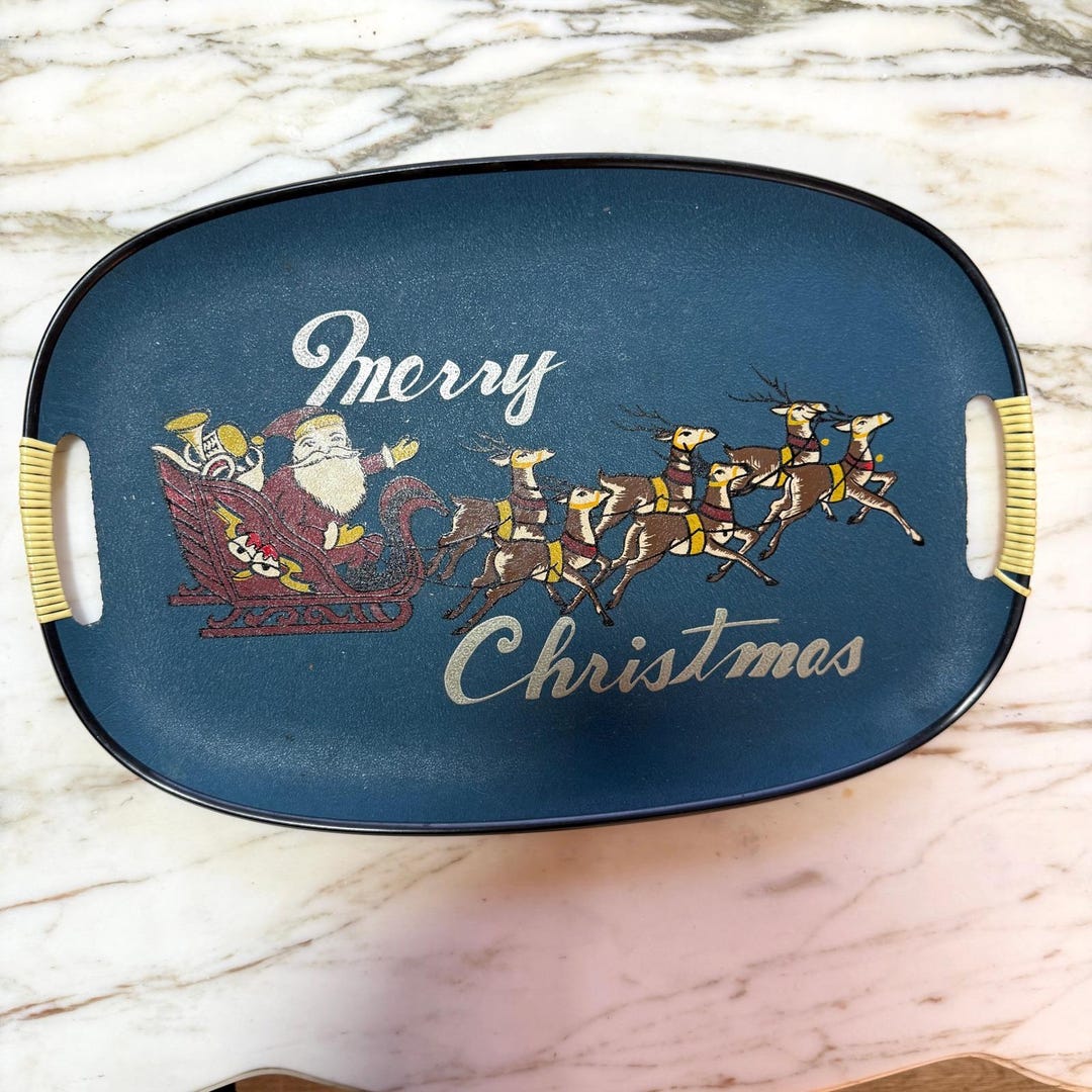 Vintage Merry Christmas Serving Tray, Santa Sleigh Reindeer, Mid ...