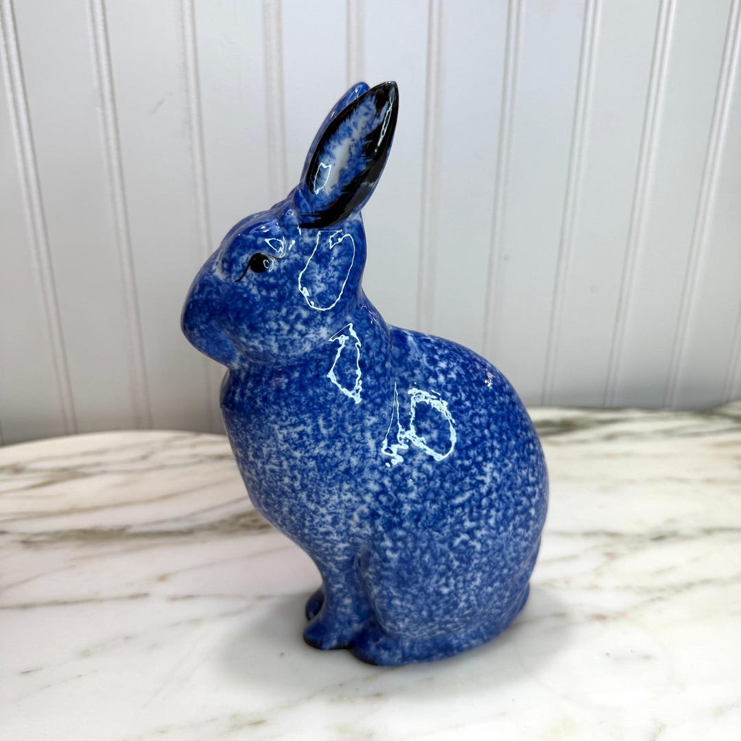 Vintage Blue Ceramic Bunny Rabbit Figurine Spongeware Easter Bunny ...