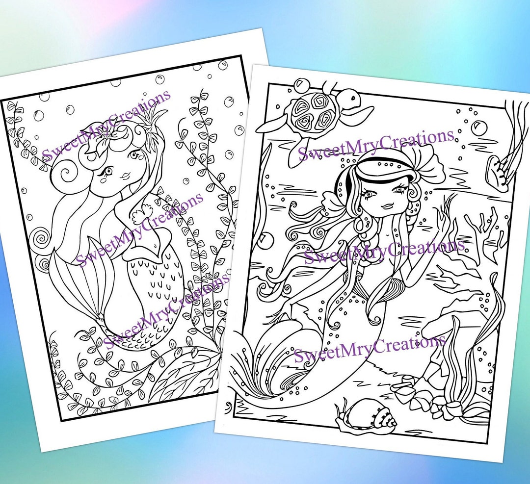 Cute Fantasy Mermaid Coloring Pages for Kids Teens and - Etsy