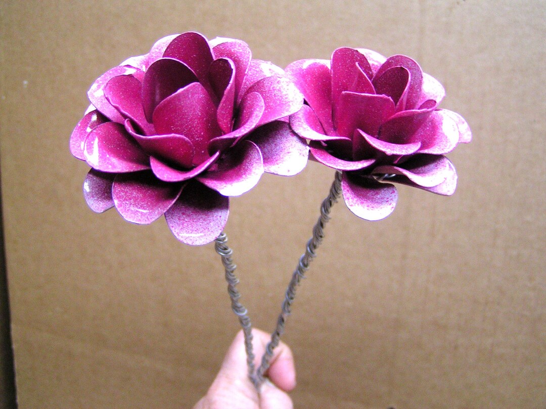 TWO Large Metal PINK Rose Flowers With Wrapped Wire STEMS for Accents ...