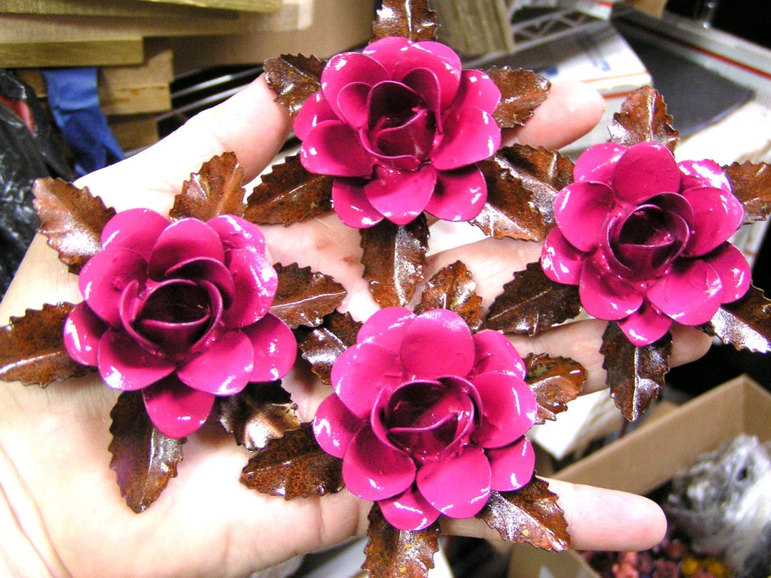 FOUR Metal Pink Rose Flowers With Leaves for Accents, Embellishments ...