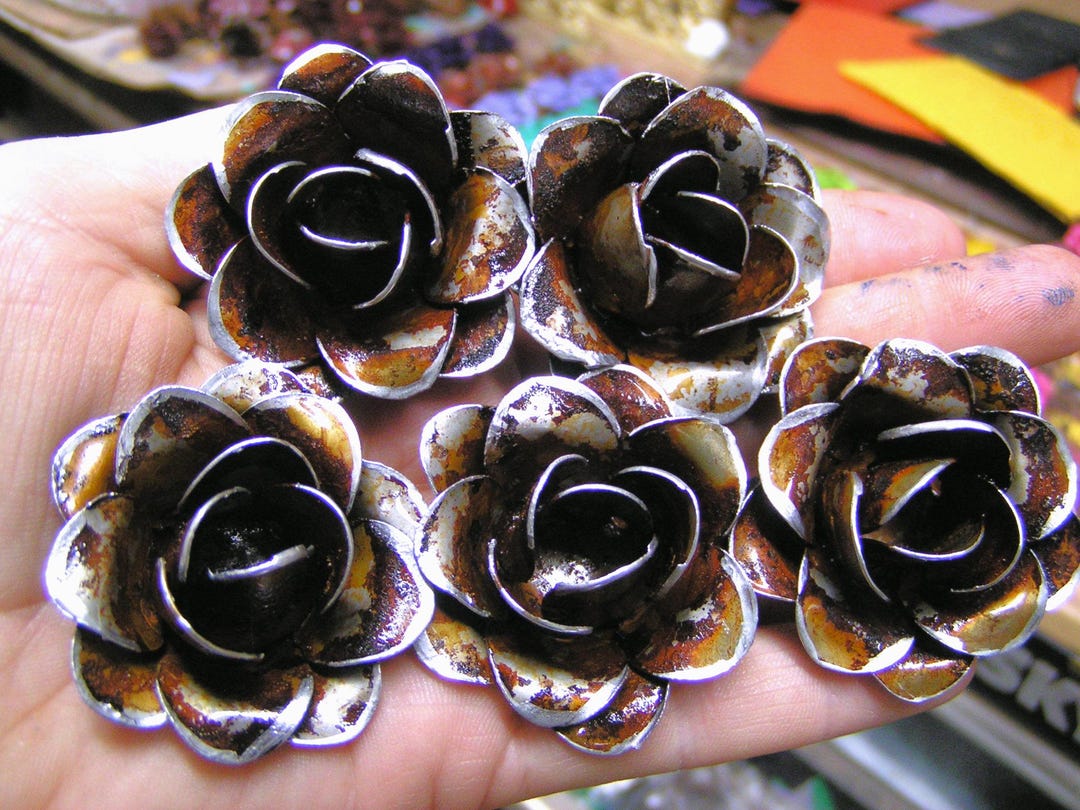FIVE RUSTY Roses, Metal Flowers for Accents, Embellishments, Crafting ...