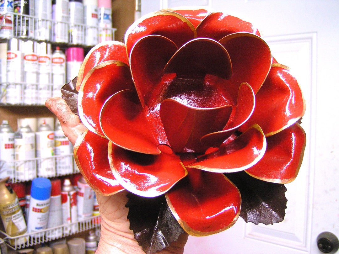EXTRA Large Metal RED Rose Flower With Leaves for Accents ...