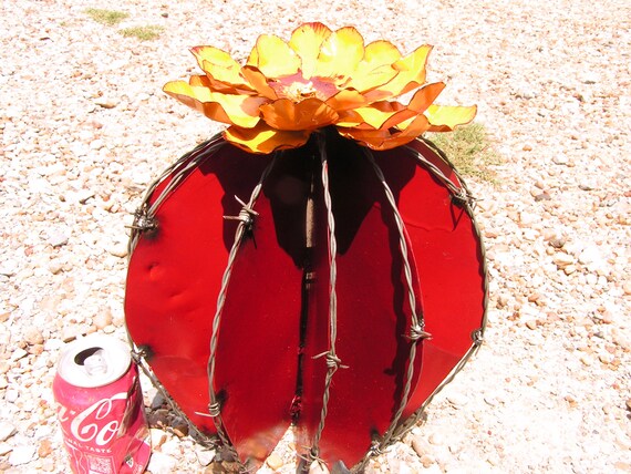 Metal Art Garden Barrel Cactus Sculpture Junk Iron Art Red - Etsy