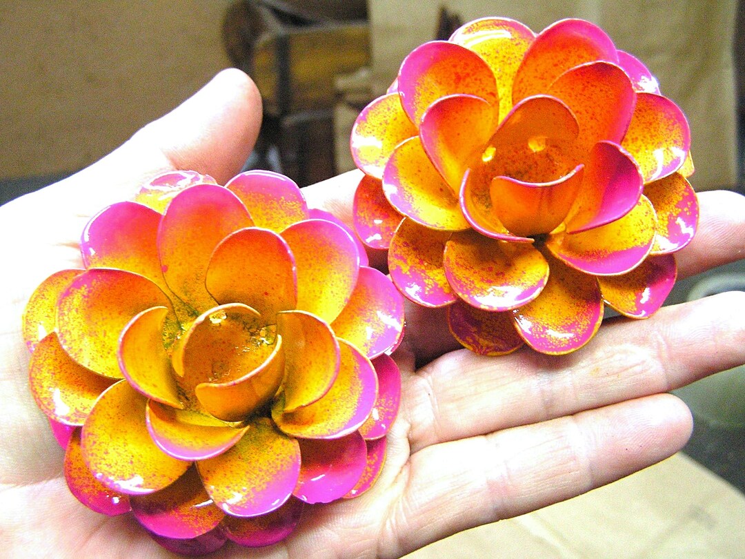 TWO Large Metal Pink, Yellow Rose Flowers for Accents, Embellishments ...