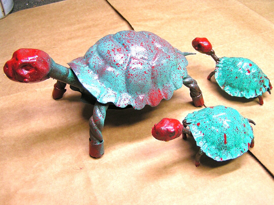THREE Metal Art Colorful Turtles, Junk Iron Art, HAND Painted Garden ...