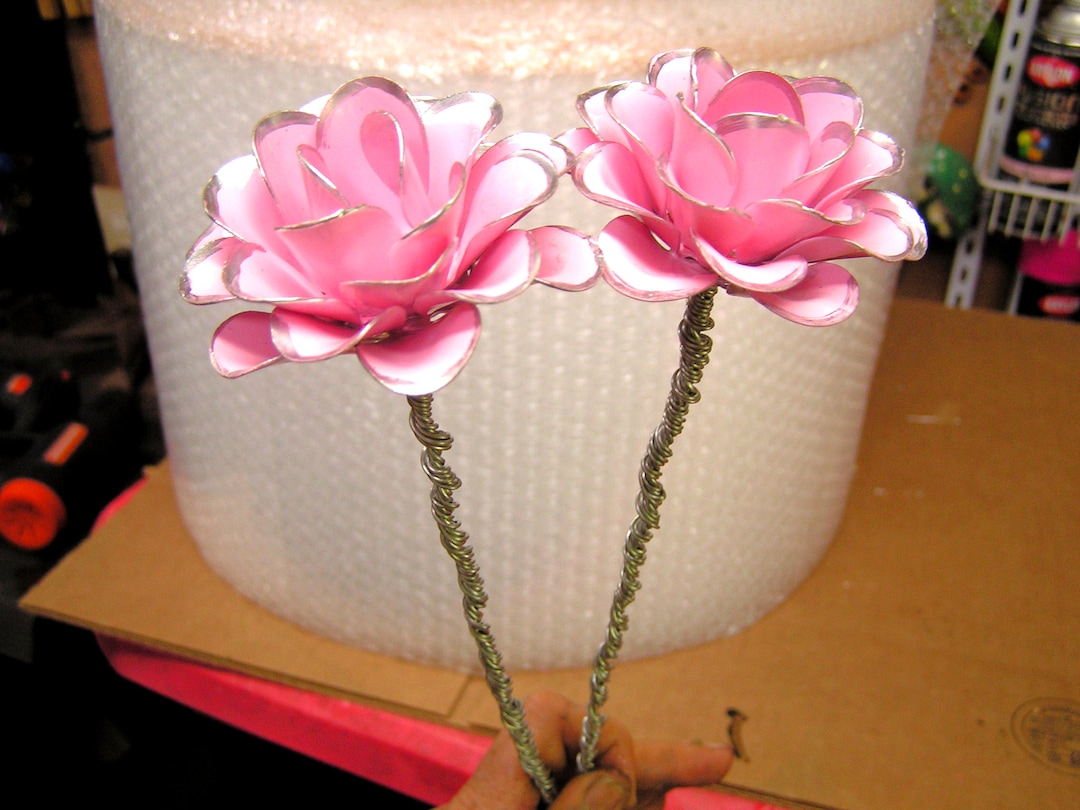 TWO Large Metal PINK Rose Flowers With Wrapped Wire STEMS for Accents ...