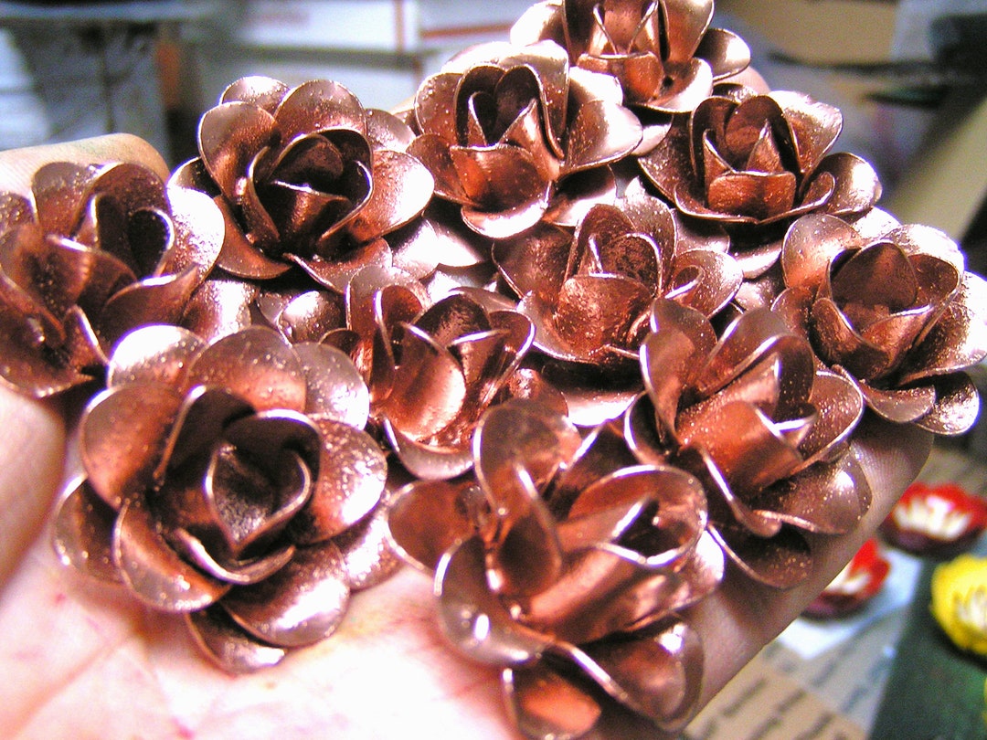 TEN Small Shiny Copper Colored Roses, Metal Flowers for Accents ...