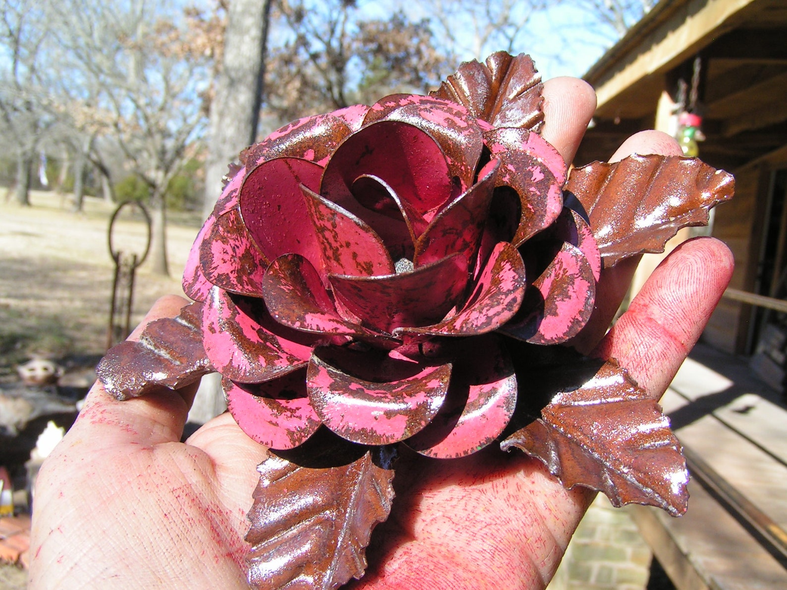 Large Metal Pink Rose Flower With Leaves for Accents - Etsy