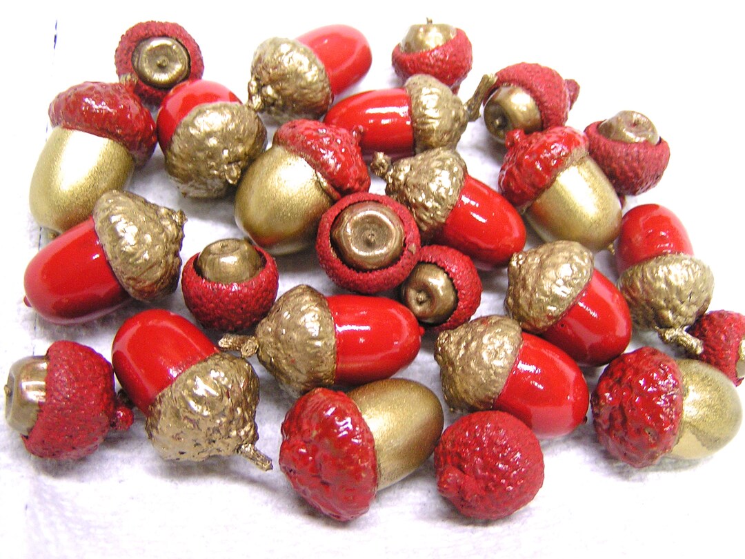 25 Hand Painted Acorns WITH Caps, Antique Gold and RED for Crafts ...