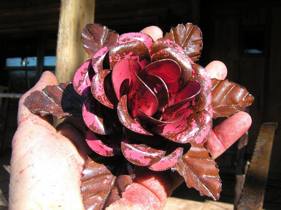 Large Metal Pink Rose Flower With Leaves for Accents, Embellishments ...