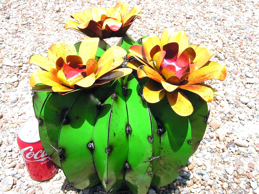 LARGE Metal Art FAT Barrel Cactus Sculpture, Junk Iron Garden Art, With ...