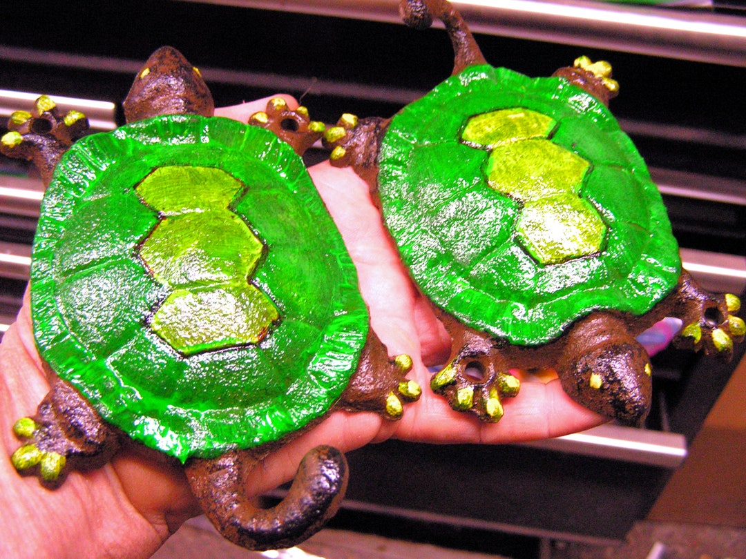 TWO Cast Iron Turtles, HAND Painted Garden Art, Wall Hooks or Fountain ...