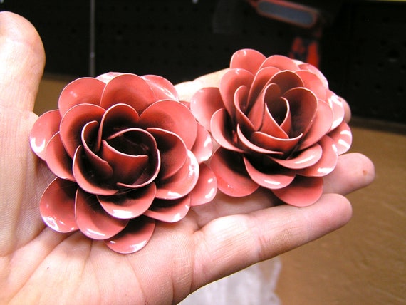 TWO Large metal Coral Pink rose flowers for accents | Etsy