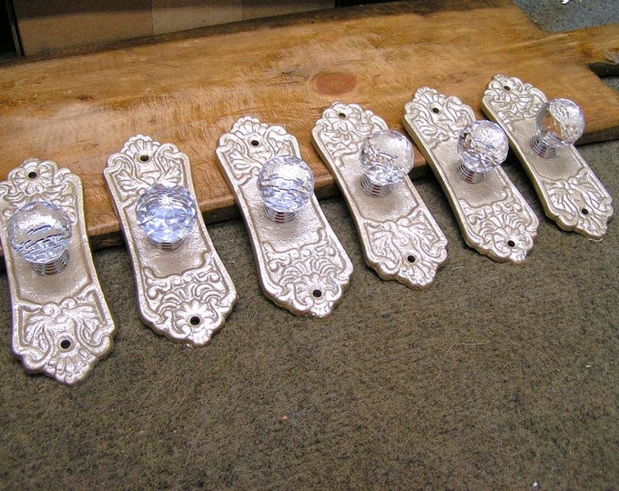 SIX Crystal Style GLASS Cabinet Drawer Pulls Knobs Handles With Cast Iron Backplate Old Style ...