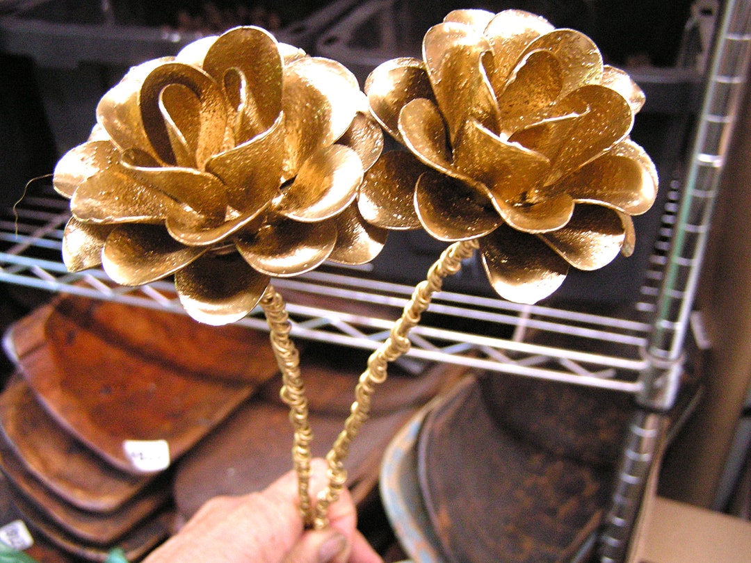 TWO Large Metal Shiny GOLD Colored Roses With Steel and Gold Wrapped ...