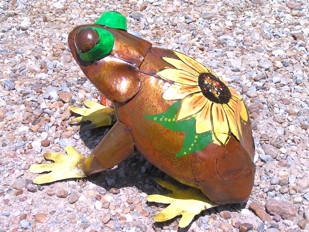 Large Metal Frog Sculpture, Junk Iron Yard Art, HAND Painted Sunflower ...