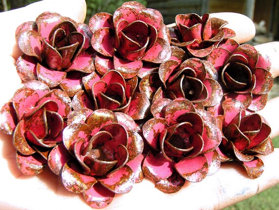 10 Small Distressed Pink Roses Metal Flowers for Accents | Etsy