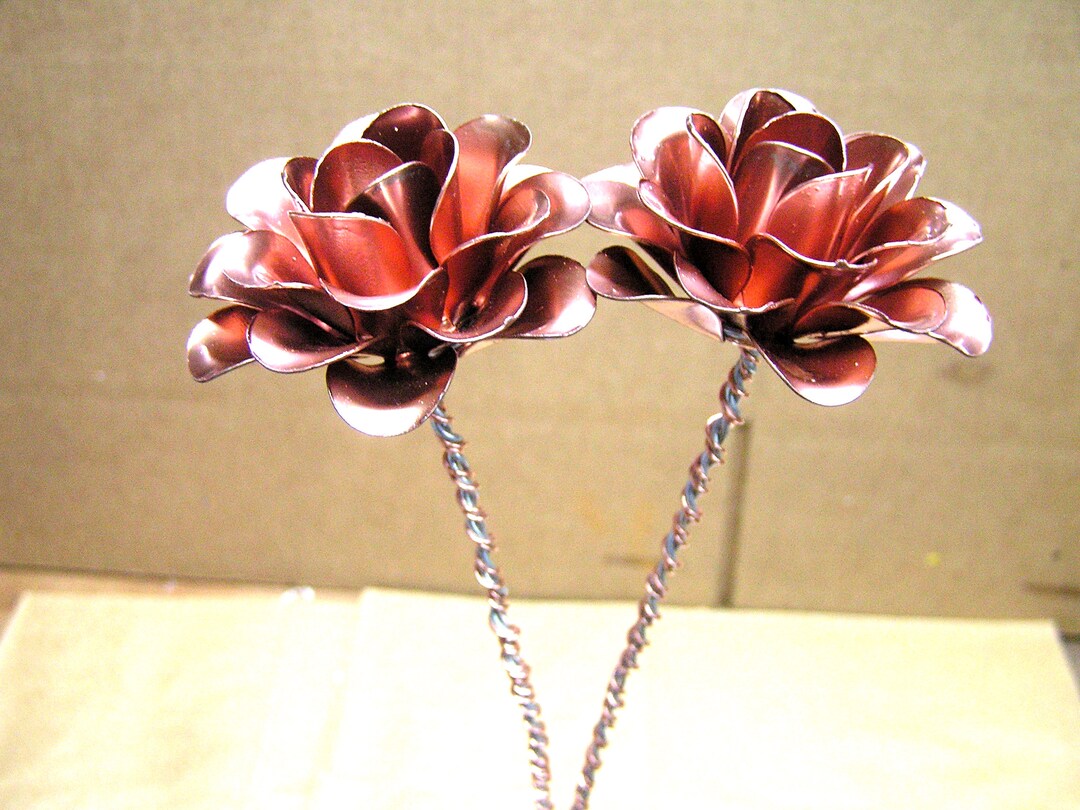 TWO Large Metal Shiny COPPER Colored Roses With Steel and Copper ...