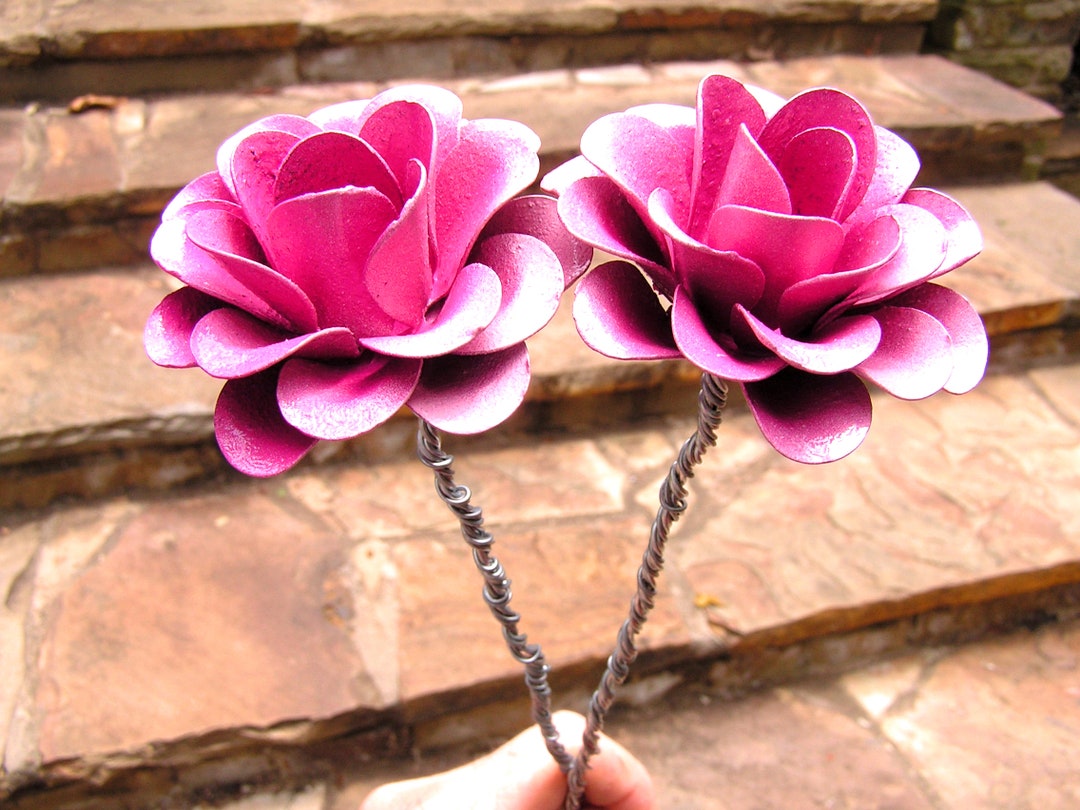 TWO Large Metal PINK Rose Flowers With Wrapped Wire STEMS for Accents ...