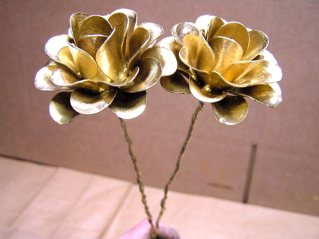 TWO Large Metal Shiny GOLD Colored Roses With Steel and Gold - Etsy