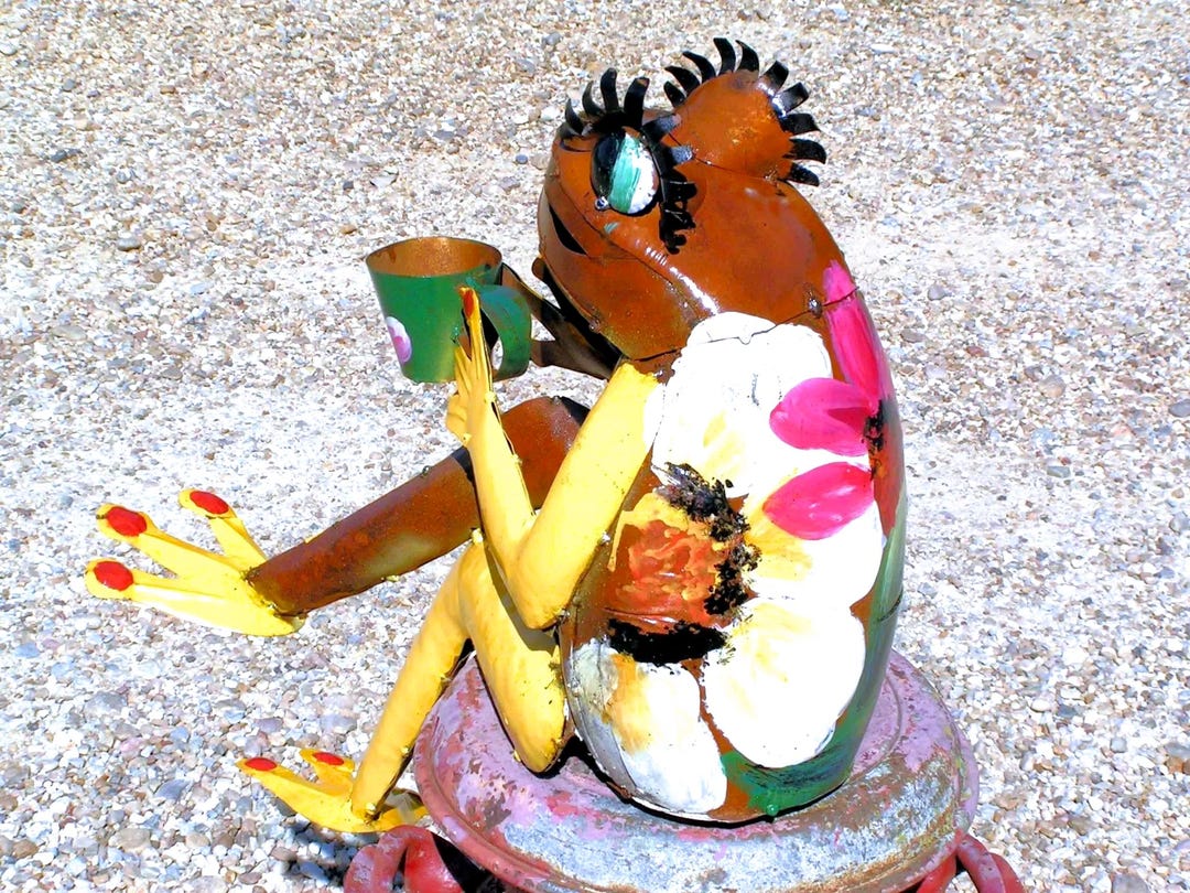 Metal Art Sitting Frog With Coffee Cup Sculpture, Sits on a Shelf ...