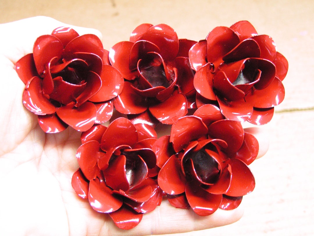 FIVE Metal Red Rose Flowers for Accents, Embellishments, Crafting ...