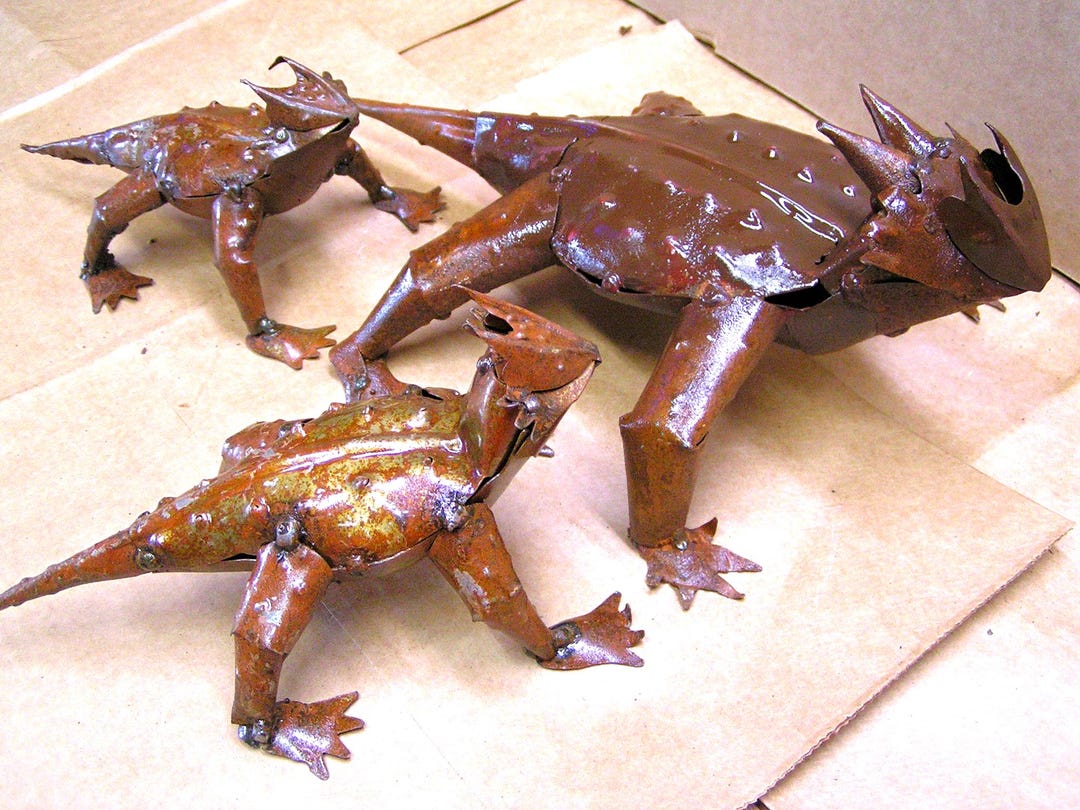 THREE Metal Art Rusty Horney Toads, Junk Iron Art, Garden Yard Art, or ...