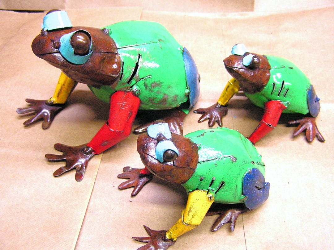 THREE Metal Art Frogs, Junk Iron Art, HAND Painted Garden Yard Art, or ...