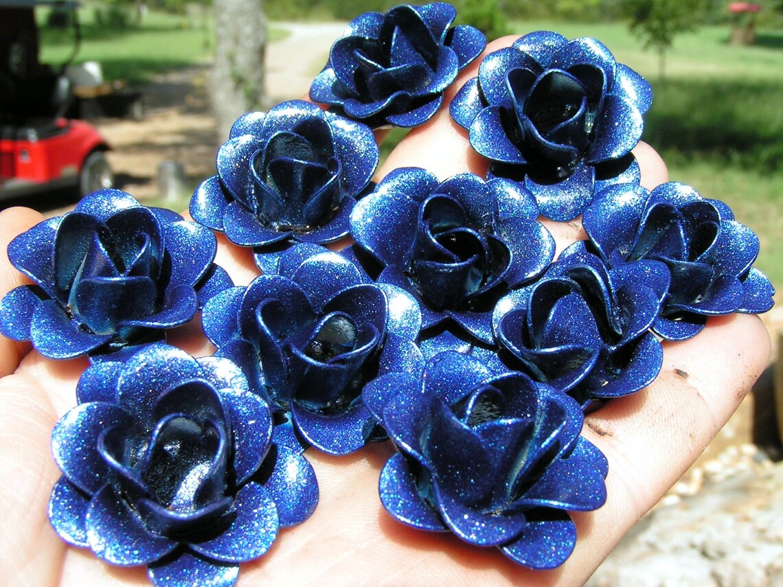 TEN Small Blue Metal Rose Flowers for Accents, Embellishments, Crafting ...