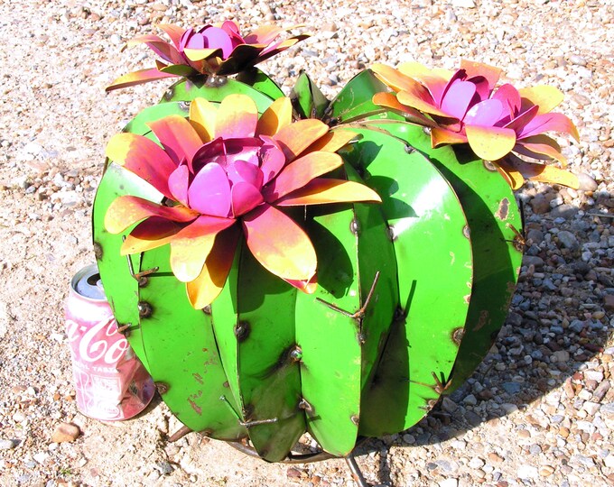 LARGE Metal Art FAT Barrel Cactus Sculpture, Junk Iron Garden Art, With ...