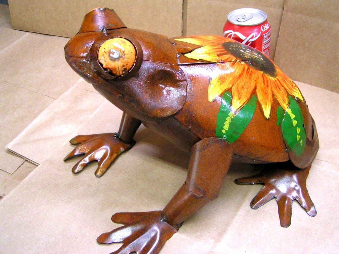 LARGE Metal Frog Sculpture, Junk Iron Art, HAND Painted Floral Garden ...