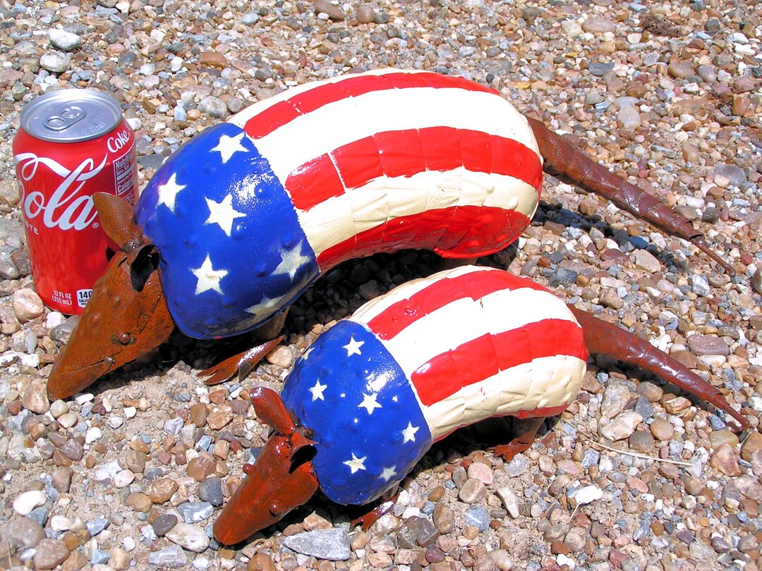 TWO Metal Art Flag Armadillos, Junk Iron Art, Hand Painted Garden Yard ...