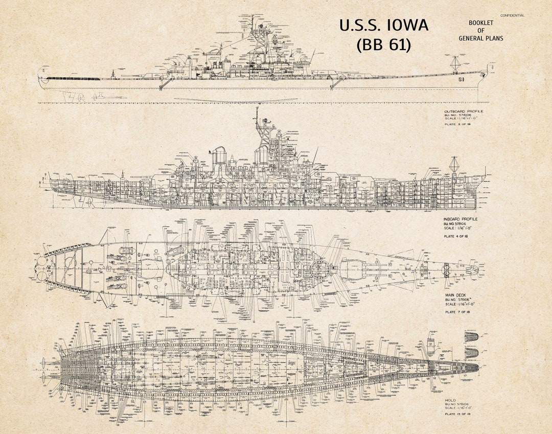 Uss Iowa Blueprint 11 X 14 Etsy