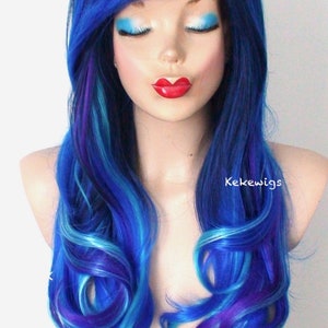 Blue Wig. Galaxy Wig. Ombre Wig. 26" Wavy Hair Side Bangs Wig. Heat ...