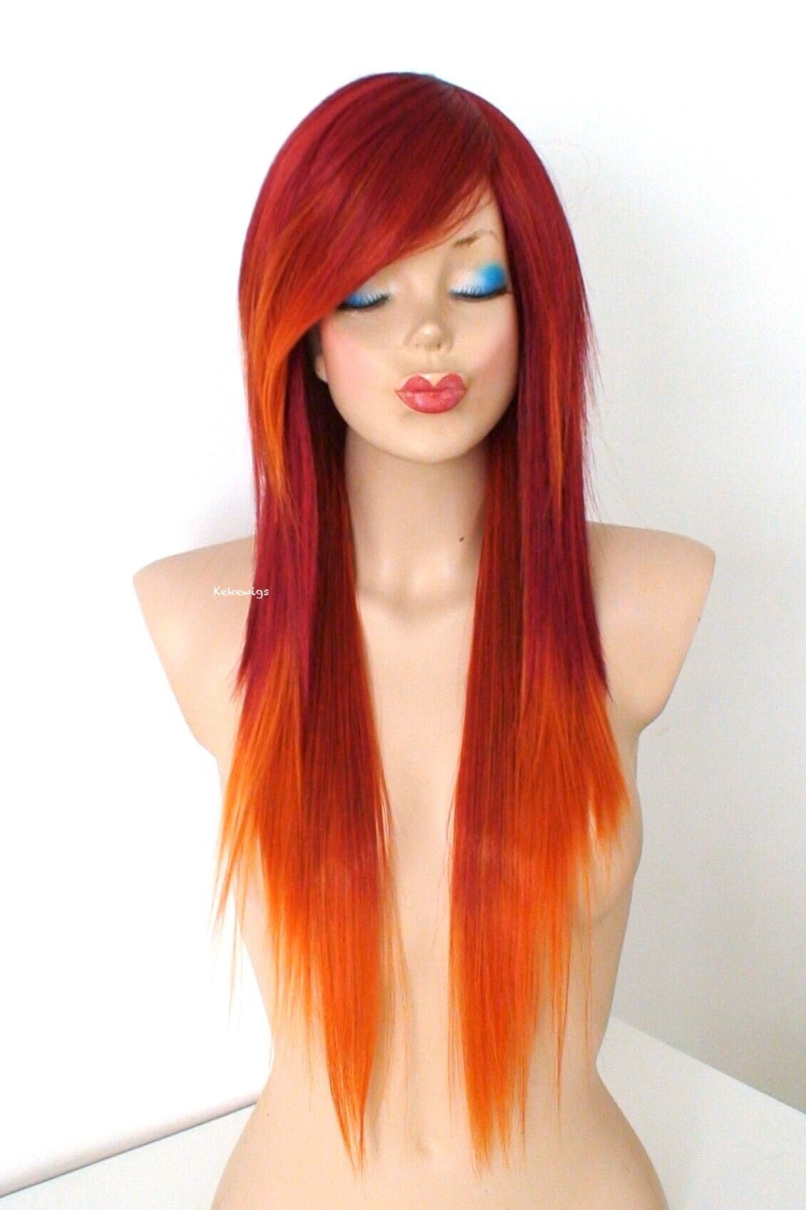 Wine Red Orange wig. 28 Straight layered Hair side bangs wig. Scene wig. Heat friendly synthetic Hair wig