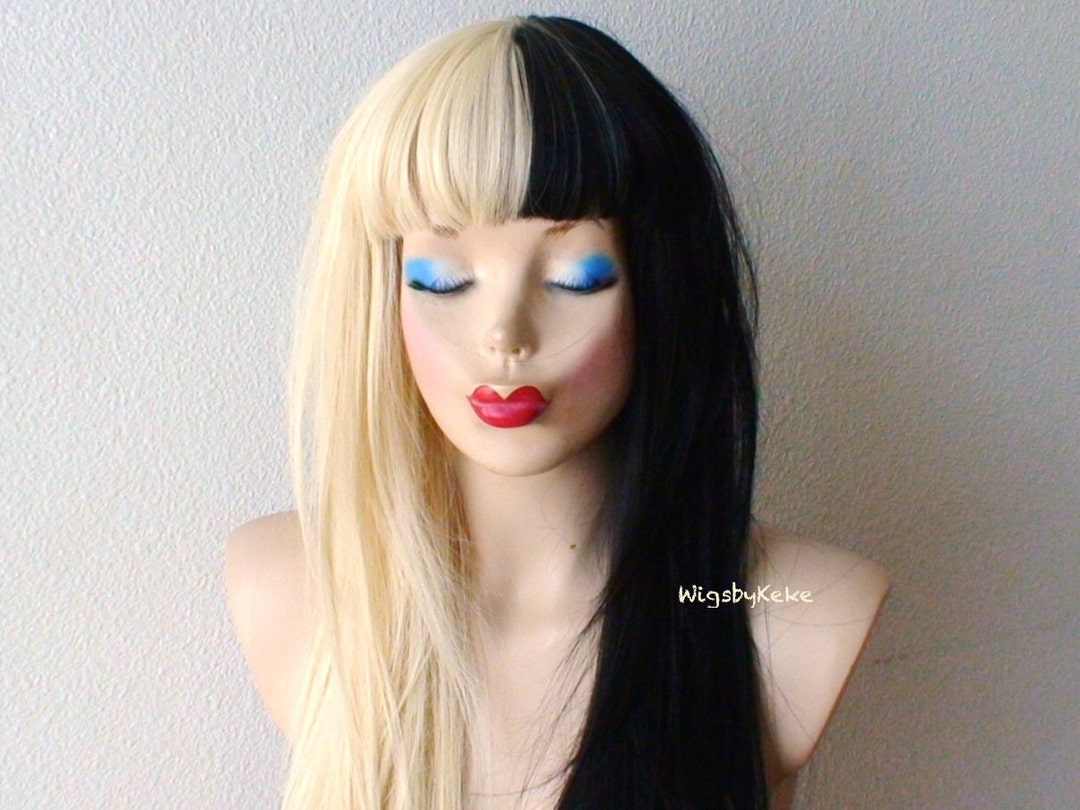 Two-tone Wig: Blonde & Black Straight Layered Wig With Bangs, 30" - Etsy