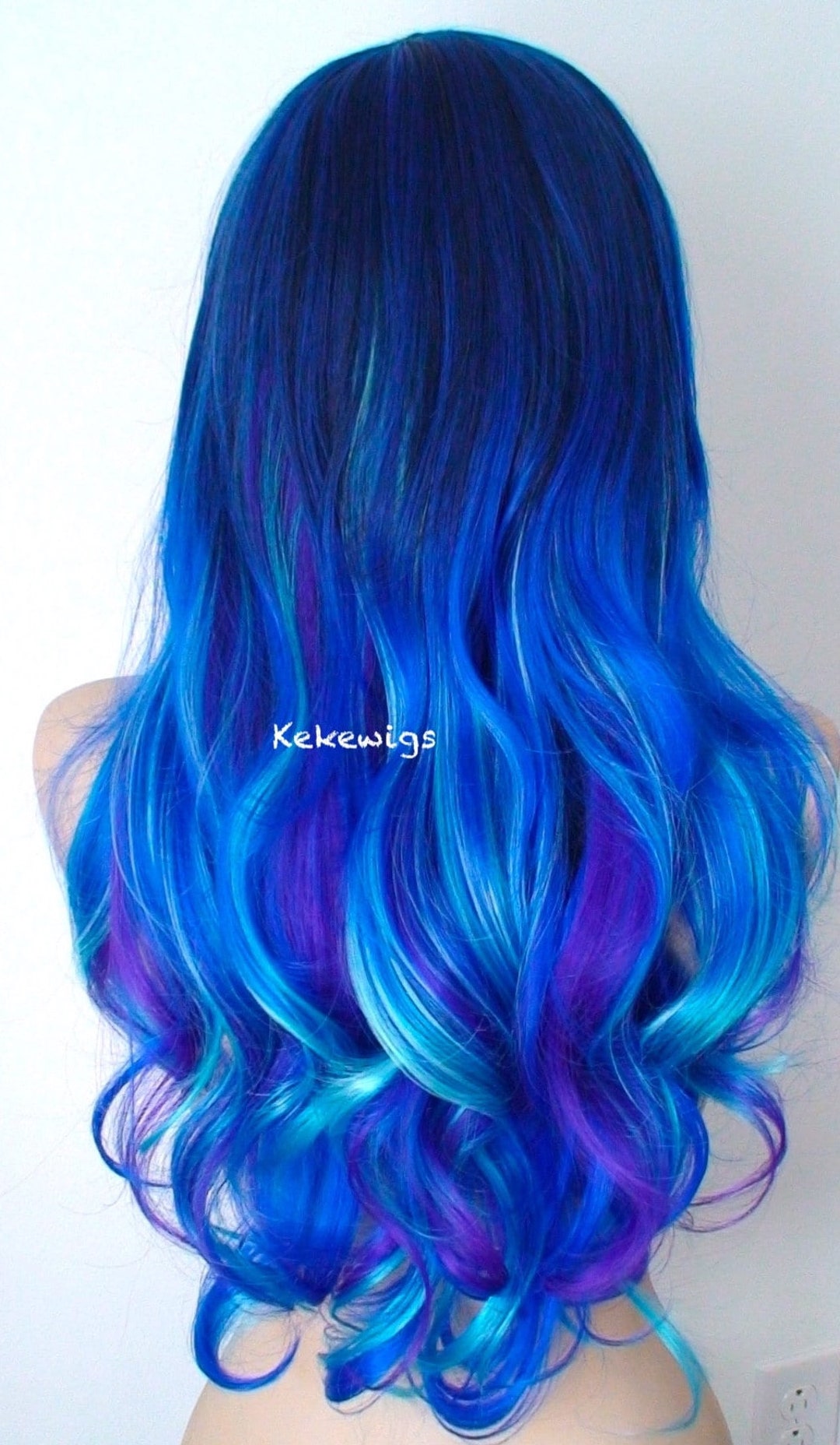 Blue Wig. Galaxy Wig. Ombre Wig. 26" Wavy Hair Side Bangs Wig. Heat ...
