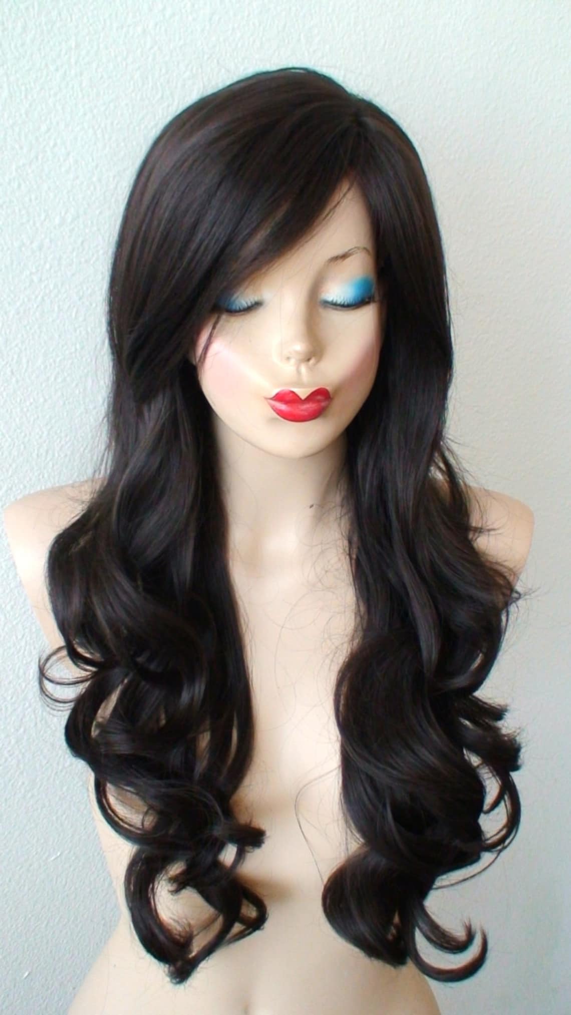 Dark Brown Wig 26 Curly Hair Side Bangs Wig Heat Friendly Etsy