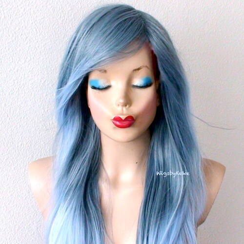 Pastel Grayish Blue Ombre Wig. 28 Straight Layered Hair - Etsy