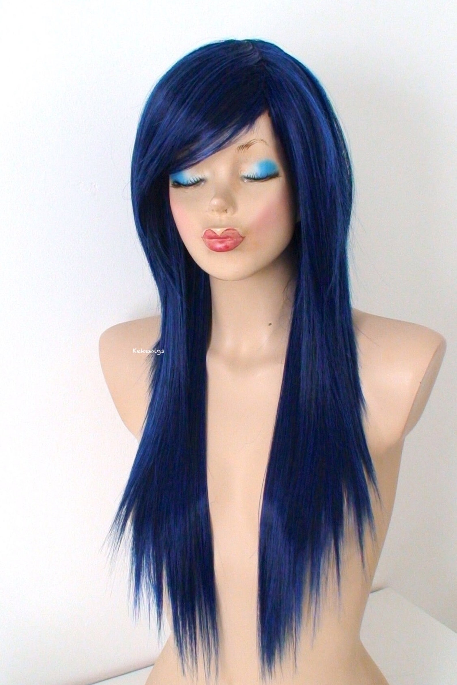 28" Black Blue Wig: Layered Straight Synthetic Hair With Bangs - Etsy