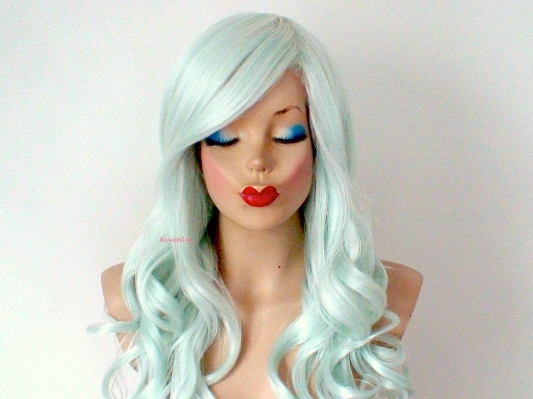 Pastel Mint Wig. 26" Curly Hair Side Bangs Wig. Heat-friendly Synthetic ...