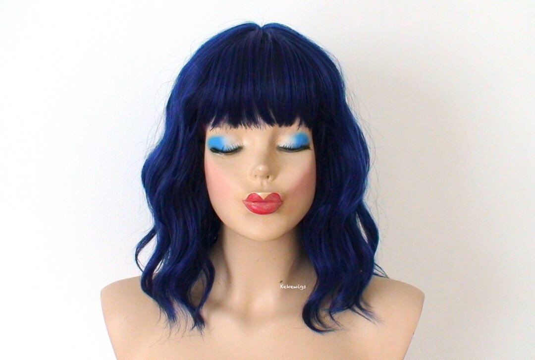 Black Blue Wig. 16 Wavy Wig With Bangs. Heat Friendly - Etsy